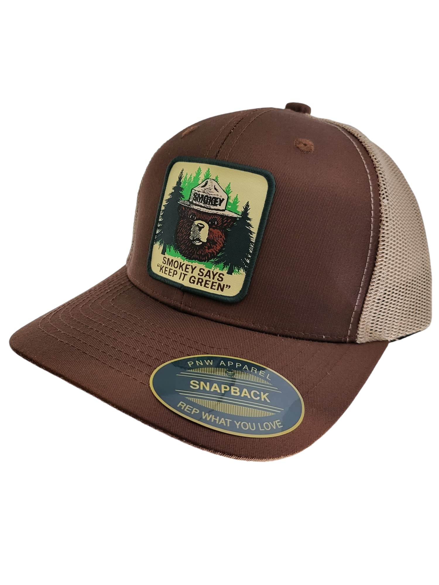 PNW Apparel Smokey The Bear Keep it Green Snapback Trucker Hat with Smokey The Bear Woven Patch (Brown/Tan)