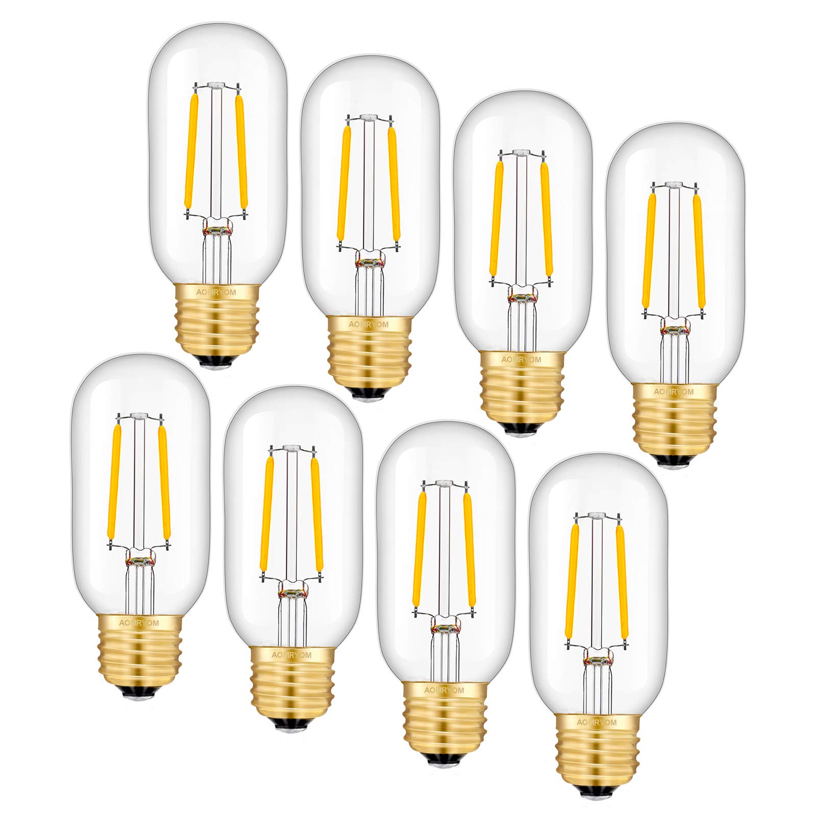 AOMRYOM 2W LED Tubular Bulb 2700K Soft White, 25 Watt Equivalent 250 Lumen, E26 Medium Base, Vintage Edison T45 Tubular Clear Glass Lengthened Filament Dimmable LED Light Bulbs, Pack of 8