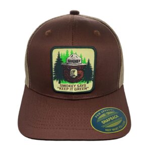 PNW Apparel Smokey The Bear Keep it Green Snapback Trucker Hat with Smokey The Bear Woven Patch (Brown/Tan)