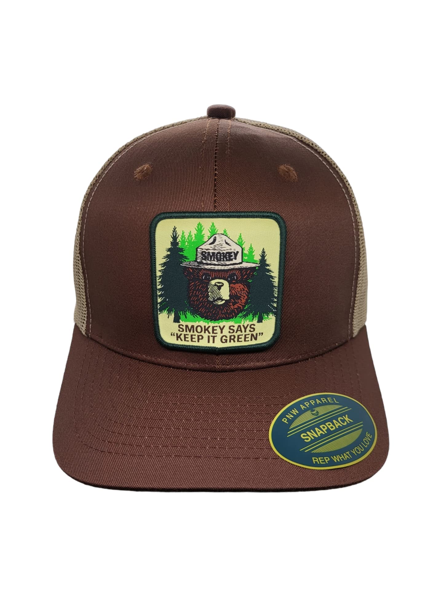 PNW Apparel Smokey The Bear Keep it Green Snapback Trucker Hat with Smokey The Bear Woven Patch (Brown/Tan)