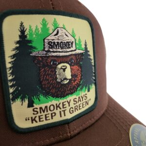 PNW Apparel Smokey The Bear Keep it Green Snapback Trucker Hat with Smokey The Bear Woven Patch (Brown/Tan)