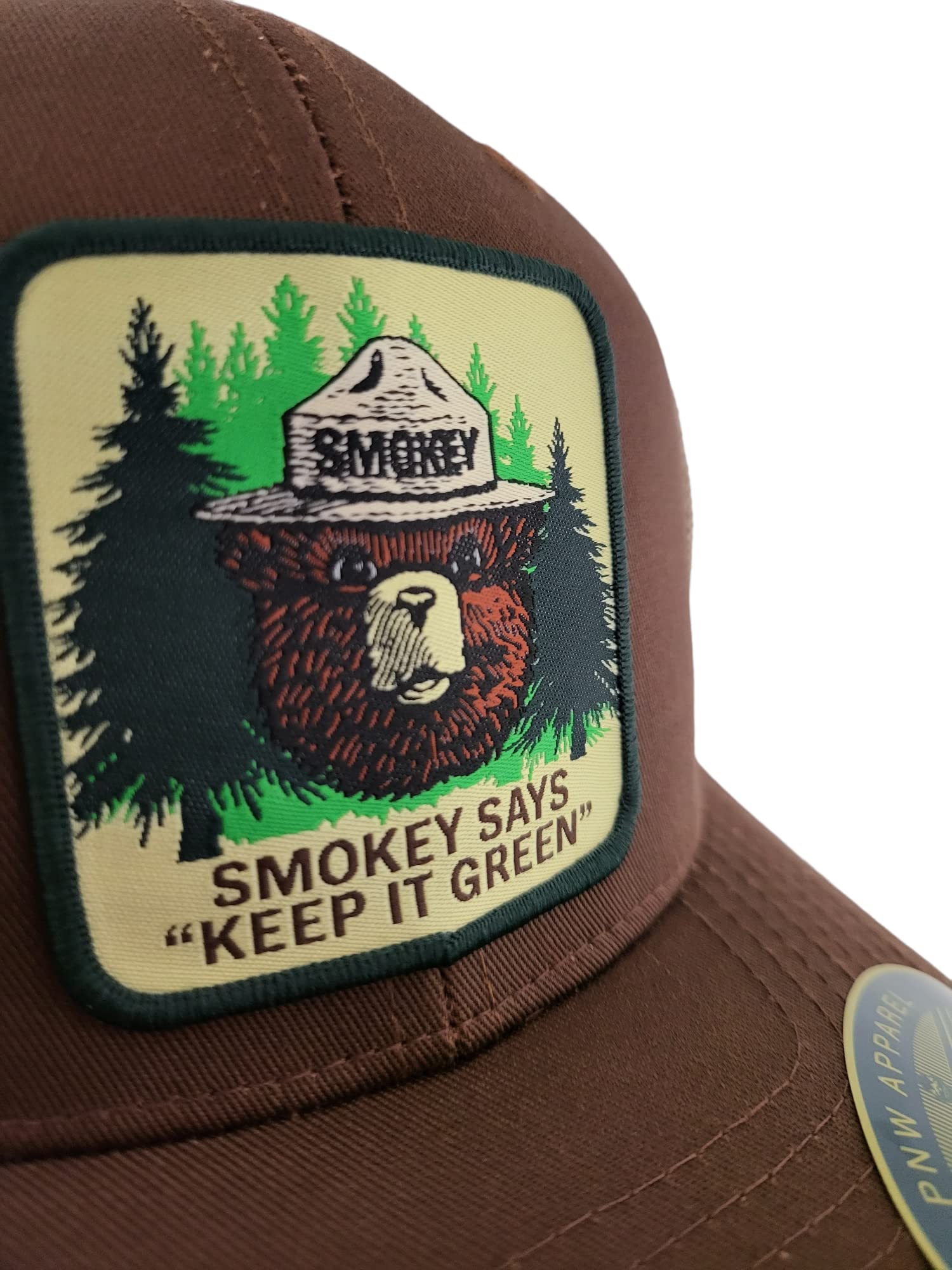 PNW Apparel Smokey The Bear Keep it Green Snapback Trucker Hat with Smokey The Bear Woven Patch (Brown/Tan)