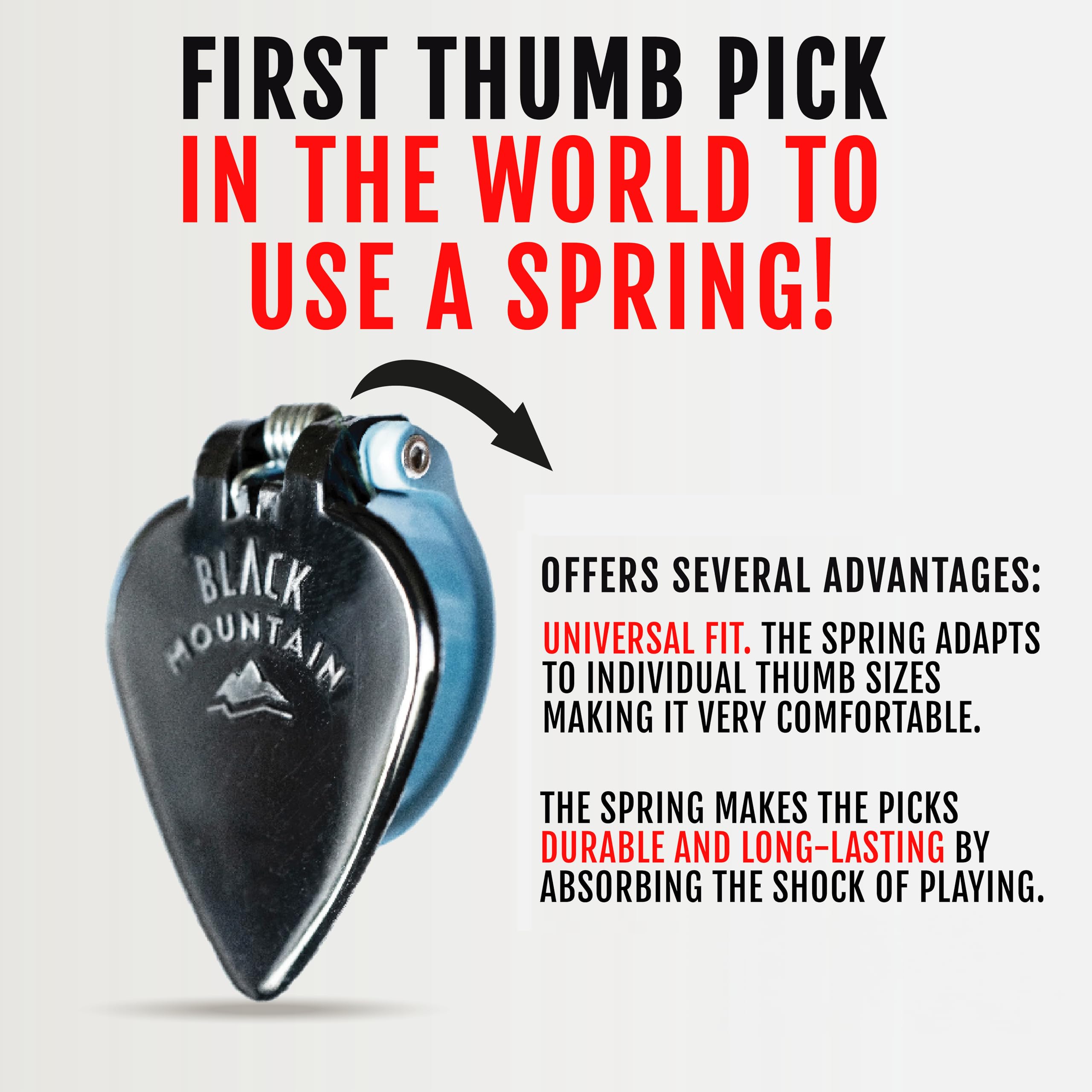 Black Mountain Medium Gauge Thumb Picks for Acoustic Guitar, Electric Guitar, Ukulele, Banjo, and More - Spring Loaded Universal Fit for Medium to XL Thumbs - Premium Finger Picks