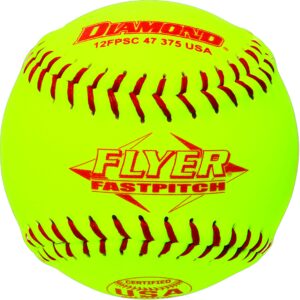 Diamond Sports Diamond Flyer Fastpitch 12 inch 12FPSC USA Stamped 375 Compression .47 COR Softballs with Yellow Bucket - 18 Ball Pack and Rods Insulated Can Sleeve