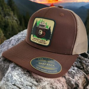 PNW Apparel Smokey The Bear Keep it Green Snapback Trucker Hat with Smokey The Bear Woven Patch (Brown/Tan)