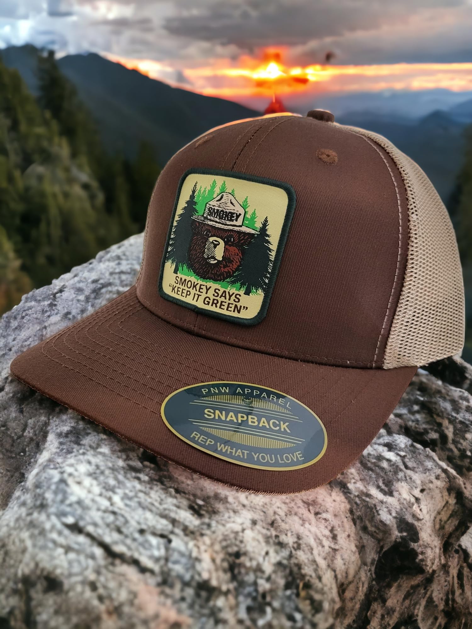 PNW Apparel Smokey The Bear Keep it Green Snapback Trucker Hat with Smokey The Bear Woven Patch (Brown/Tan)