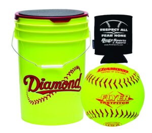 diamond sports diamond flyer fastpitch 12 inch 12fpsc usa stamped 375 compression .47 cor softballs with yellow bucket - 18 ball pack and rods insulated can sleeve