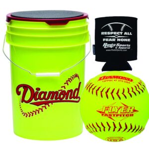 Diamond Sports Diamond Flyer Fastpitch 12 inch 12FPSC USA Stamped 375 Compression .47 COR Softballs with Yellow Bucket - 18 Ball Pack and Rods Insulated Can Sleeve