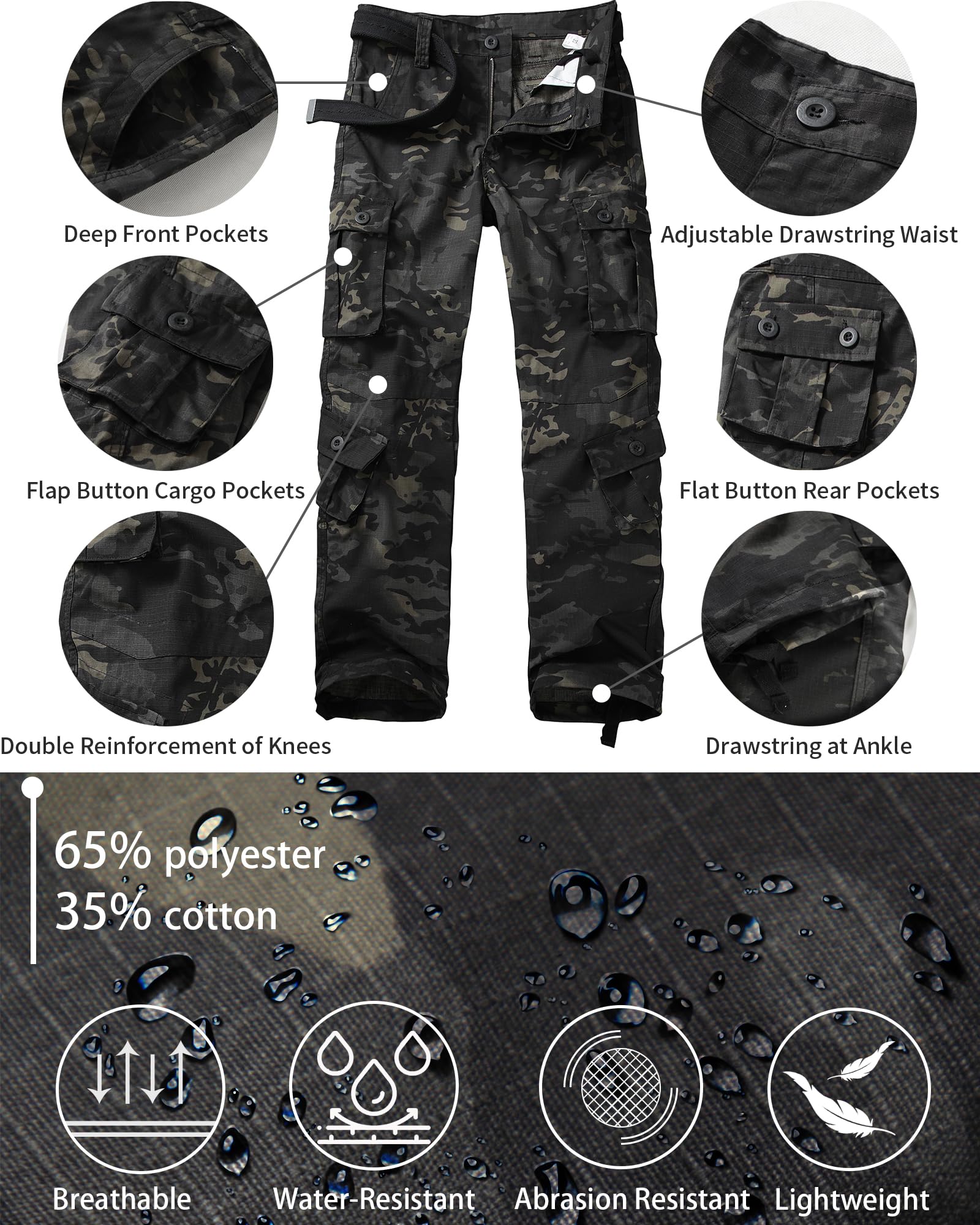 GSGGIG Men's Outdoor Hiking Pants, Tactical Pants Lightweight Casual Work Ripstop Cargo Pants for Men with Pockets No Belt 3355 Black CP CAMO 44