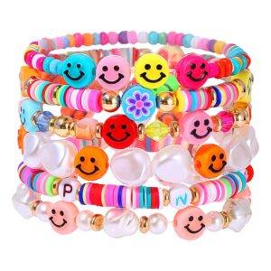 hzeyn beaded bracelet set stack colorful happy face pearl heishi beaded stretchy bracelet summer beach bracelet jewelry (colorful-6pcs)