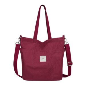 iswee canvas tote bag with zipper multi pockets tote purse for women fashion crossbody tote shoulder bag handbag everyday bag(wine)