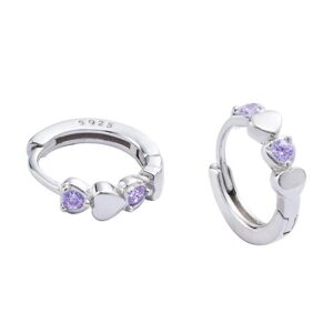 double love heart cubic zirconia small hoop earrings for women teen girls 925 sterling silver tiny cute huggie hoops cartilage hypoallergenic for sensitive ear birthstone valentine easter mother's day jewelry gifts for her amethyst