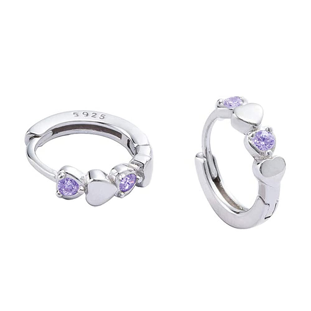 Double Love Heart Cubic Zirconia Small Hoop Earrings for Women Teen Girls 925 Sterling Silver Tiny Cute Huggie Hoops Cartilage Hypoallergenic for Sensitive Ear Birthstone Valentine Easter Mother's Day Jewelry Gifts for Her Amethyst