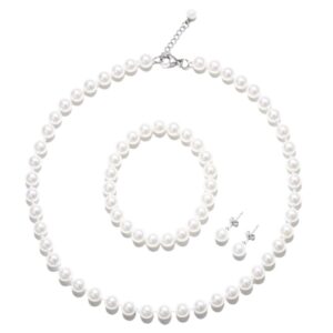 lzmei white 8mm faux hand knotted glass imitation pearls necklace earring jewelry 3 set for women and girls (16inch)