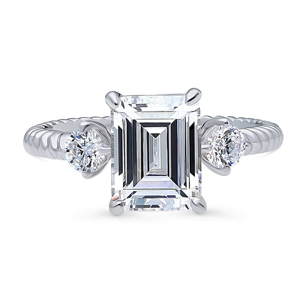 BERRICLE Sterling Silver 3-Stone Wedding Engagement Rings Emerald Cut Cubic Zirconia CZ Woven Ring for Women, Rhodium Plated Size 6