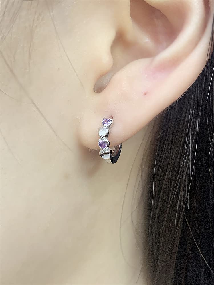 Double Love Heart Cubic Zirconia Small Hoop Earrings for Women Teen Girls 925 Sterling Silver Tiny Cute Huggie Hoops Cartilage Hypoallergenic for Sensitive Ear Birthstone Valentine Easter Mother's Day Jewelry Gifts for Her Amethyst