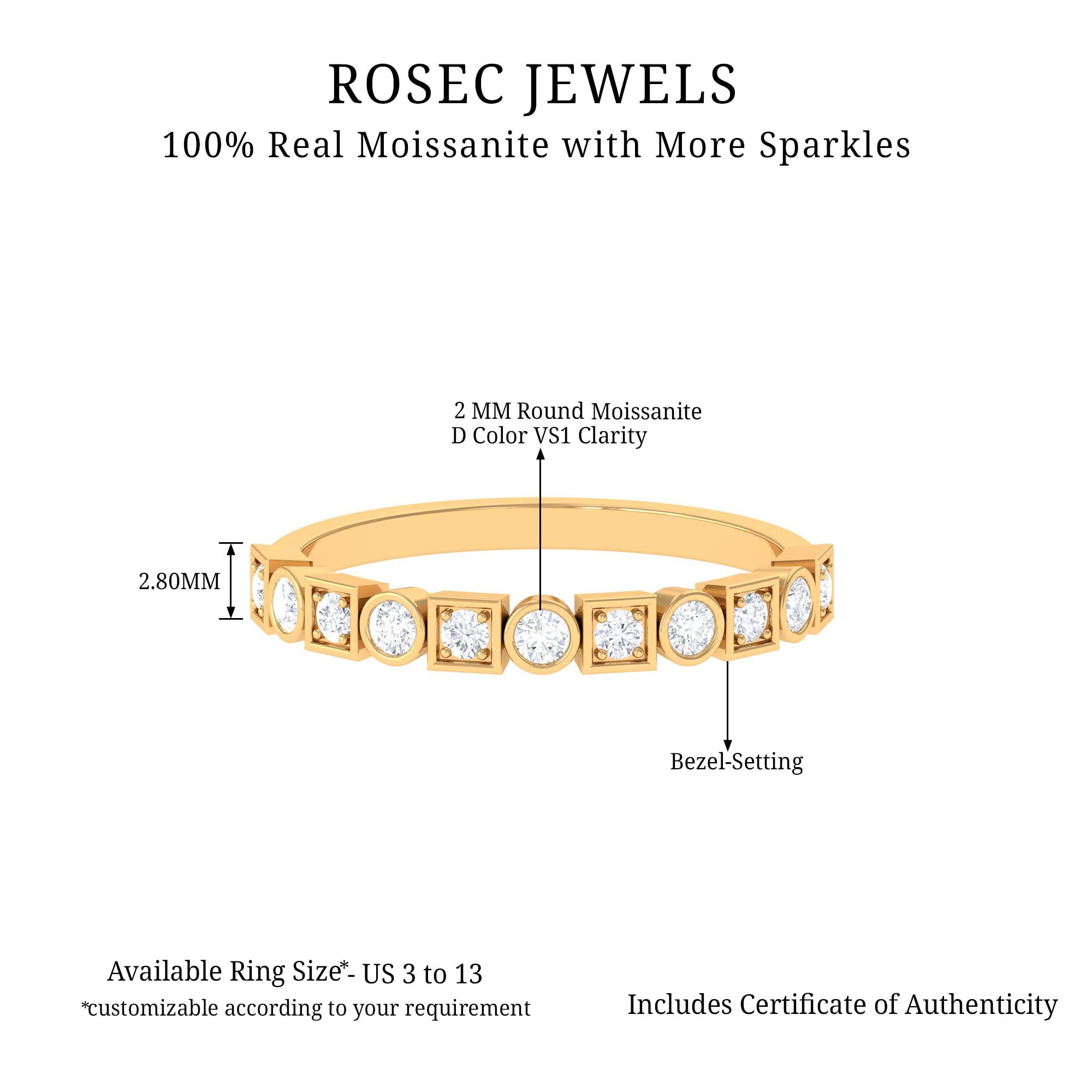 Rosec Jewels Certified Moissanite Eternity Anniversary Band Ring for Women, D Color Vs1 Clarity, 14K Yellow Gold, Size:US 7.00