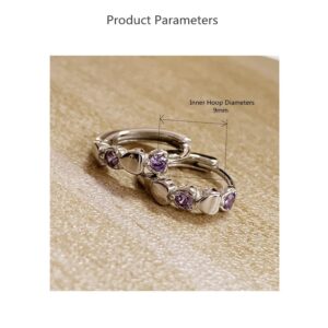 Double Love Heart Cubic Zirconia Small Hoop Earrings for Women Teen Girls 925 Sterling Silver Tiny Cute Huggie Hoops Cartilage Hypoallergenic for Sensitive Ear Birthstone Valentine Easter Mother's Day Jewelry Gifts for Her Amethyst