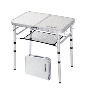 yufifairy small folding table with mesh layer, 3 adjustable heights aluminum lightweight portable folding table with extension legs, camping table for rv, picnic and indoor