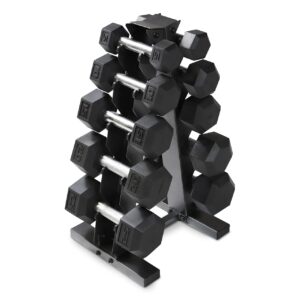 wf athletic supply 5-25lb rubber coated hex dumbbell set with a frame storage rack non-slip hex shape for muscle toning, strength building & weight loss - multiple choices available