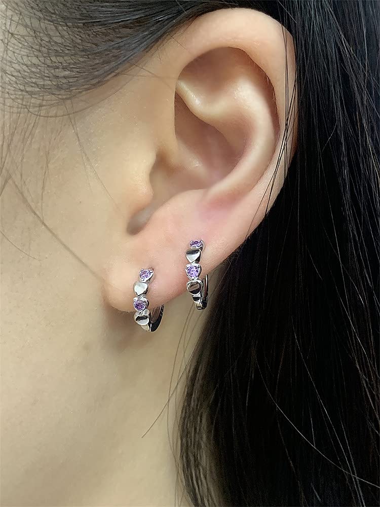 Double Love Heart Cubic Zirconia Small Hoop Earrings for Women Teen Girls 925 Sterling Silver Tiny Cute Huggie Hoops Cartilage Hypoallergenic for Sensitive Ear Birthstone Valentine Easter Mother's Day Jewelry Gifts for Her Amethyst