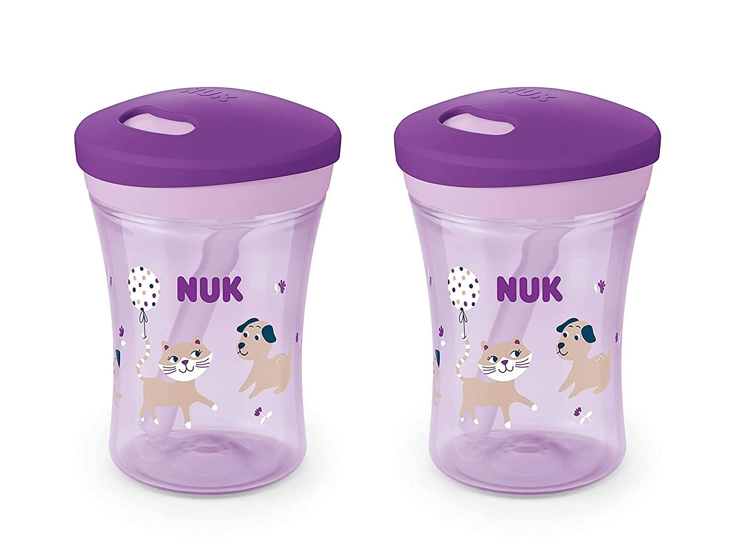 NUK Evolution Straw Cup, 8 oz (Purple Cat & Dog, 2 Pack)