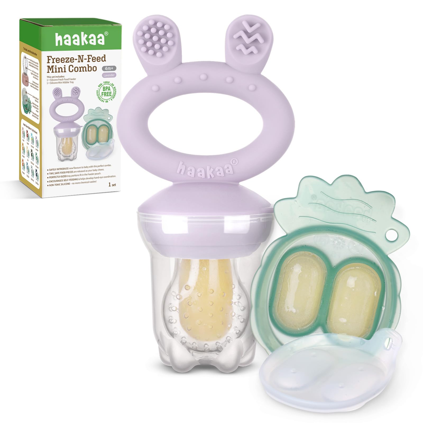 Haakaa Baby Fruit Food Feeder & Mini Freezer Nibble Tray Combo, Breastmilk Popsicle Molds for Baby Cooling Relief, BPA Free Silicone Feeder for Safe Infant Self Feeding, 4 Month+ (Lavender)