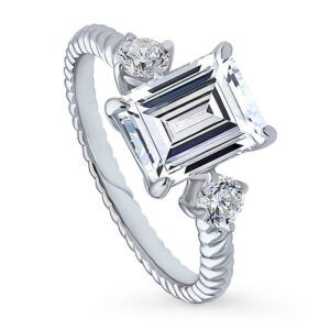 berricle sterling silver 3-stone wedding engagement rings emerald cut cubic zirconia cz woven ring for women, rhodium plated size 6