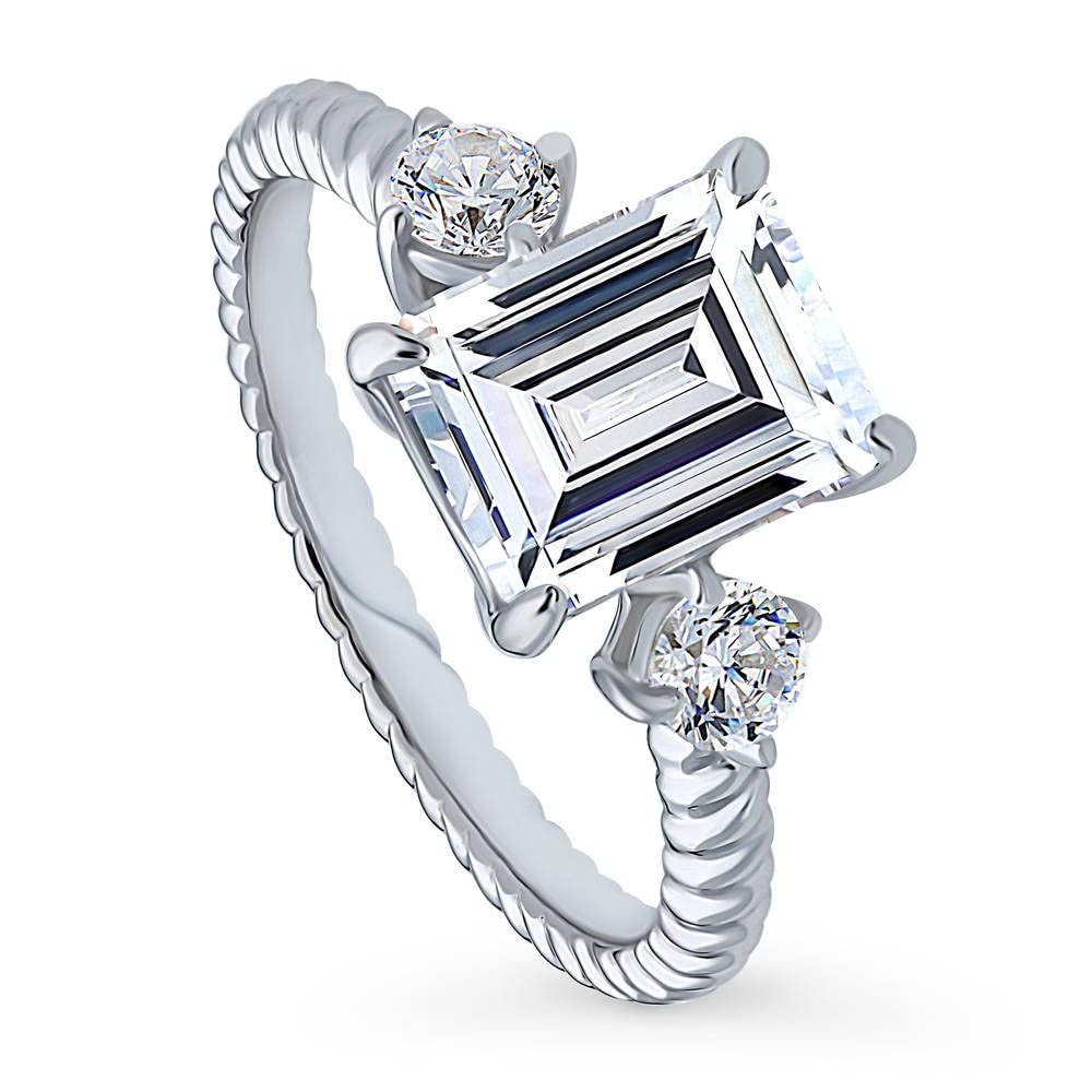 BERRICLE Sterling Silver 3-Stone Wedding Engagement Rings Emerald Cut Cubic Zirconia CZ Woven Ring for Women, Rhodium Plated Size 6