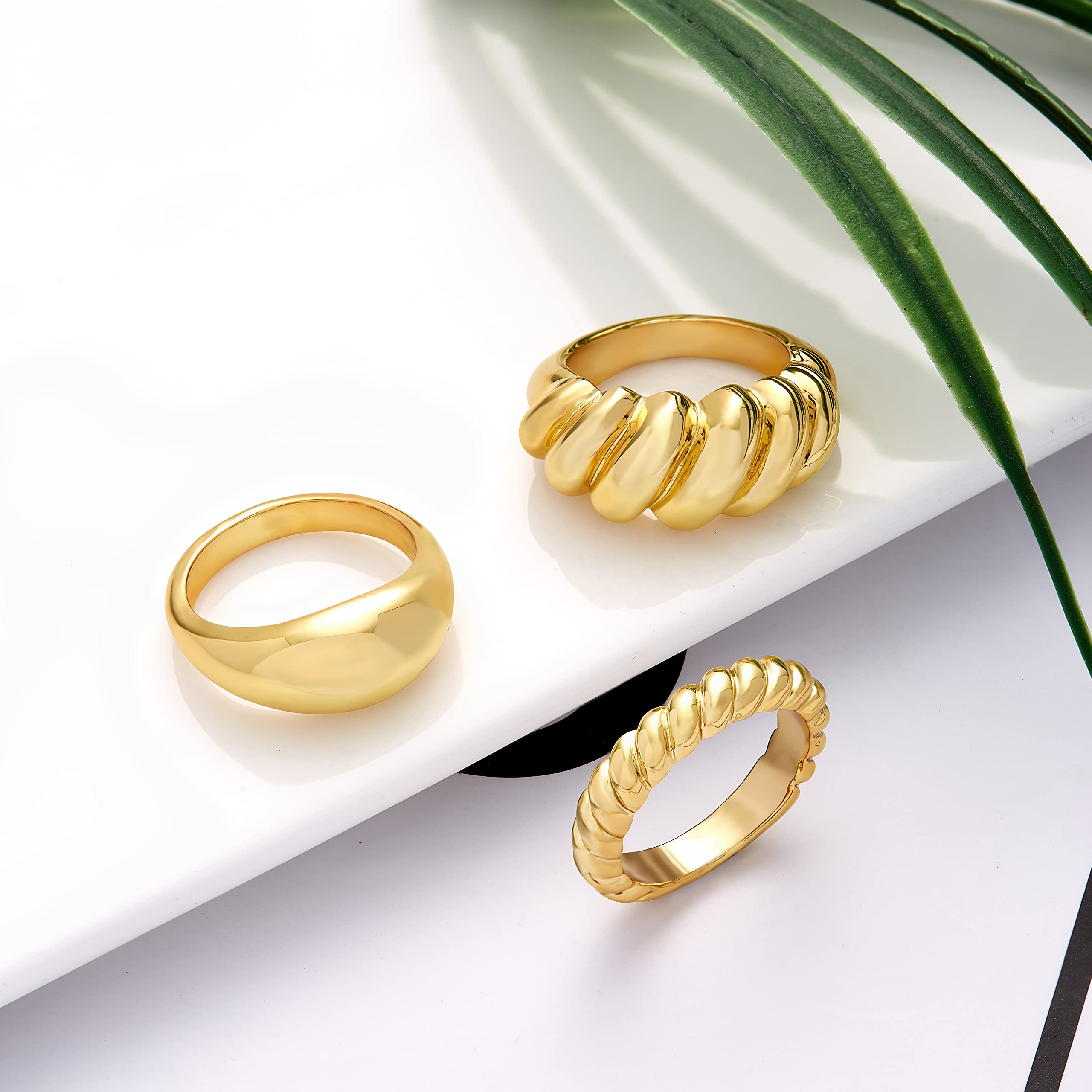 LANE WOODS Chunky Ring Set: 14k Gold Plated Croissant Braided Twisted Dome Ring Jewelry for Women Men(8" Gold)