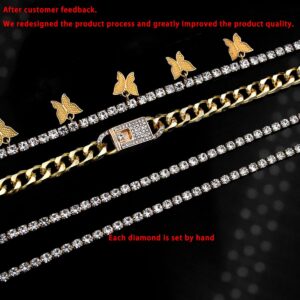 yfstyle 4PCS Cuban Link/ Chain Ankle Bracelet Butterfly Rhinestone Tennis Layered Anklet Set for Women Summer Beach Adjustable - gold cuban