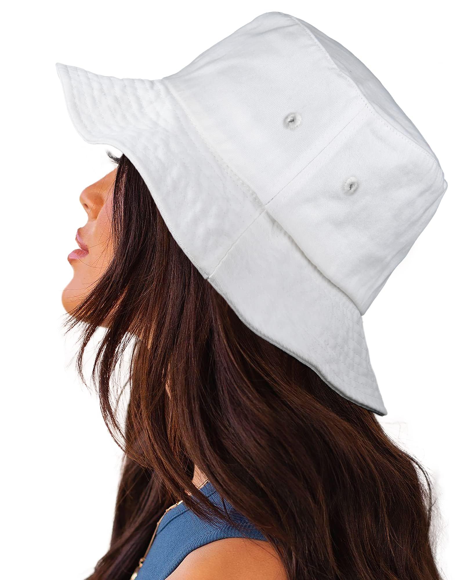 Camptrace Bucket Hats for Women Men Washed Cotton Bucket Hat Packable Sun Hats Summer Beach Hat with Detachable String Canvas White Medium-Large