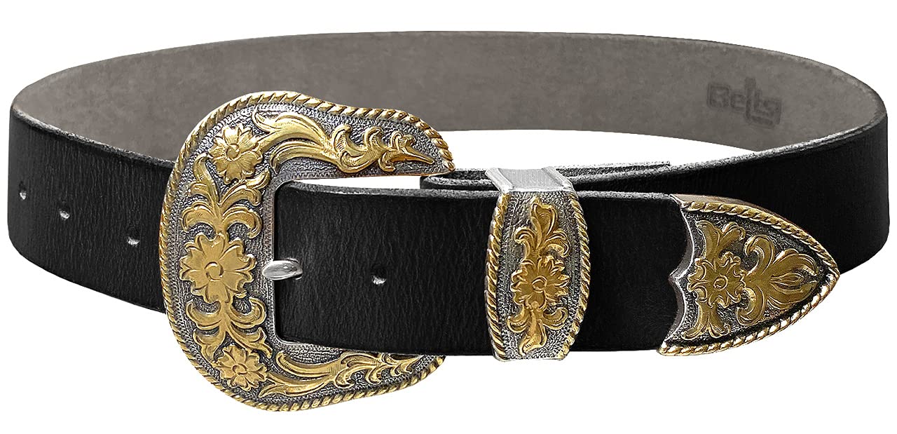 BS040-S5521 Floral Engraved Western Fashion Style Full Grain Leather Belt 1-1/2" (38mm) Wide - Antique Gold (Black, 30)