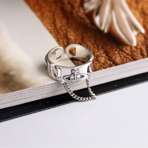 Beccalame Saturn Chain Sterling Silver Adjustable Ring Y2K Edgy Rings Fashion Handmade Jewelry Gift For Women Men Tassel Dangling Chain Ring