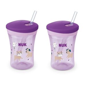 nuk evolution straw cup, 8 oz (purple cat & dog, 2 pack)