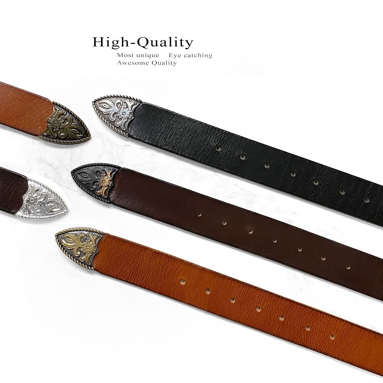 BS040-S5521 Floral Engraved Western Fashion Style Full Grain Leather Belt 1-1/2" (38mm) Wide - Antique Gold (Black, 30)