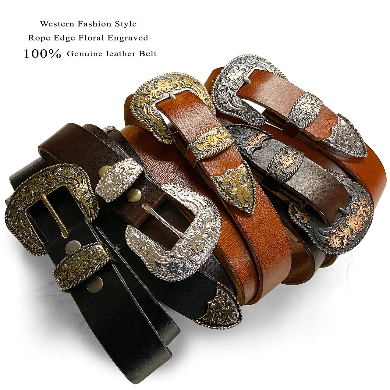 BS040-S5521 Floral Engraved Western Fashion Style Full Grain Leather Belt 1-1/2" (38mm) Wide - Antique Gold (Black, 30)