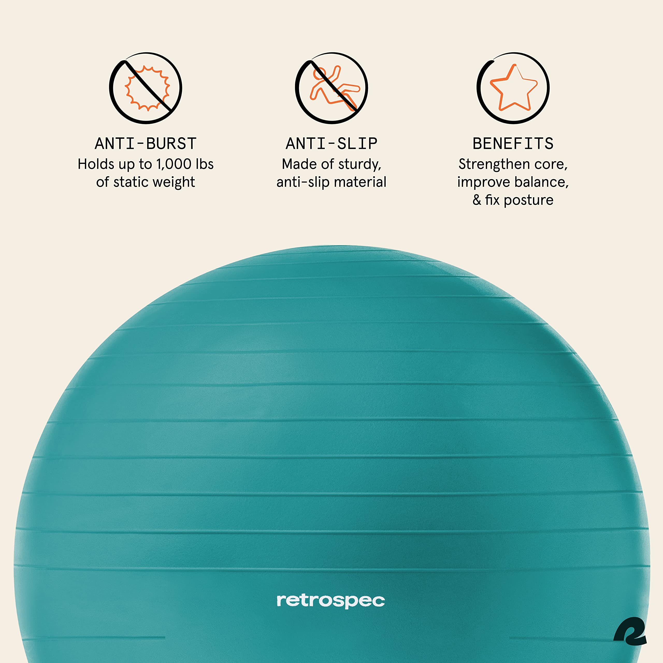 Retrospec Luna Exercise Ball - 55, 65, or 75cm Yoga Ball for Workouts, Stability, Pregnancy - Swish Balance Ball w/Pump & Base for Office & Home Gym