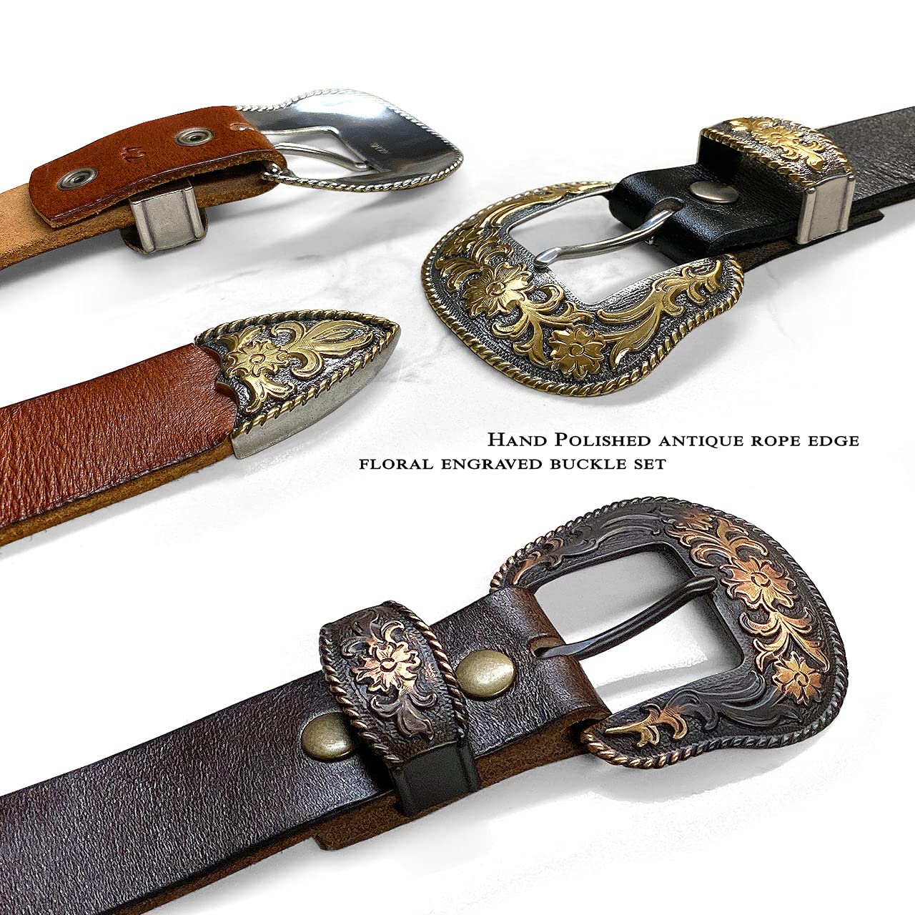 BS040-S5521 Floral Engraved Western Fashion Style Full Grain Leather Belt 1-1/2" (38mm) Wide - Antique Gold (Black, 30)