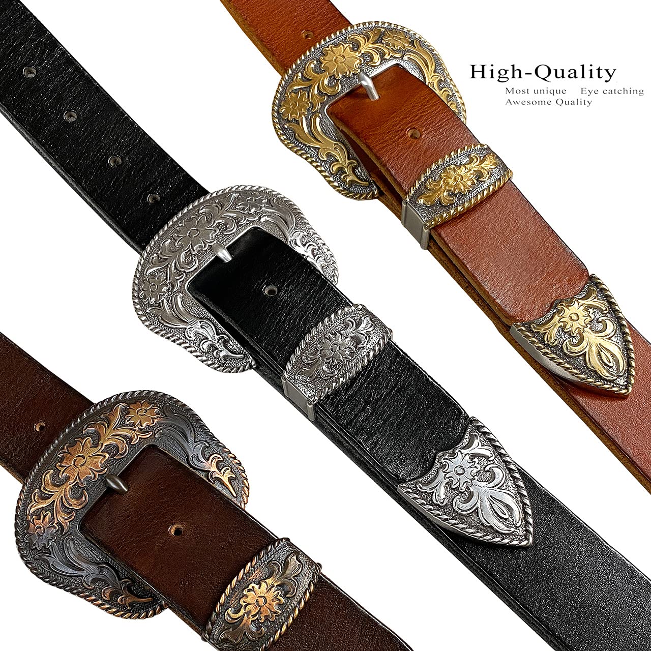 BS040-S5521 Floral Engraved Western Fashion Style Full Grain Leather Belt 1-1/2" (38mm) Wide - Antique Gold (Black, 30)