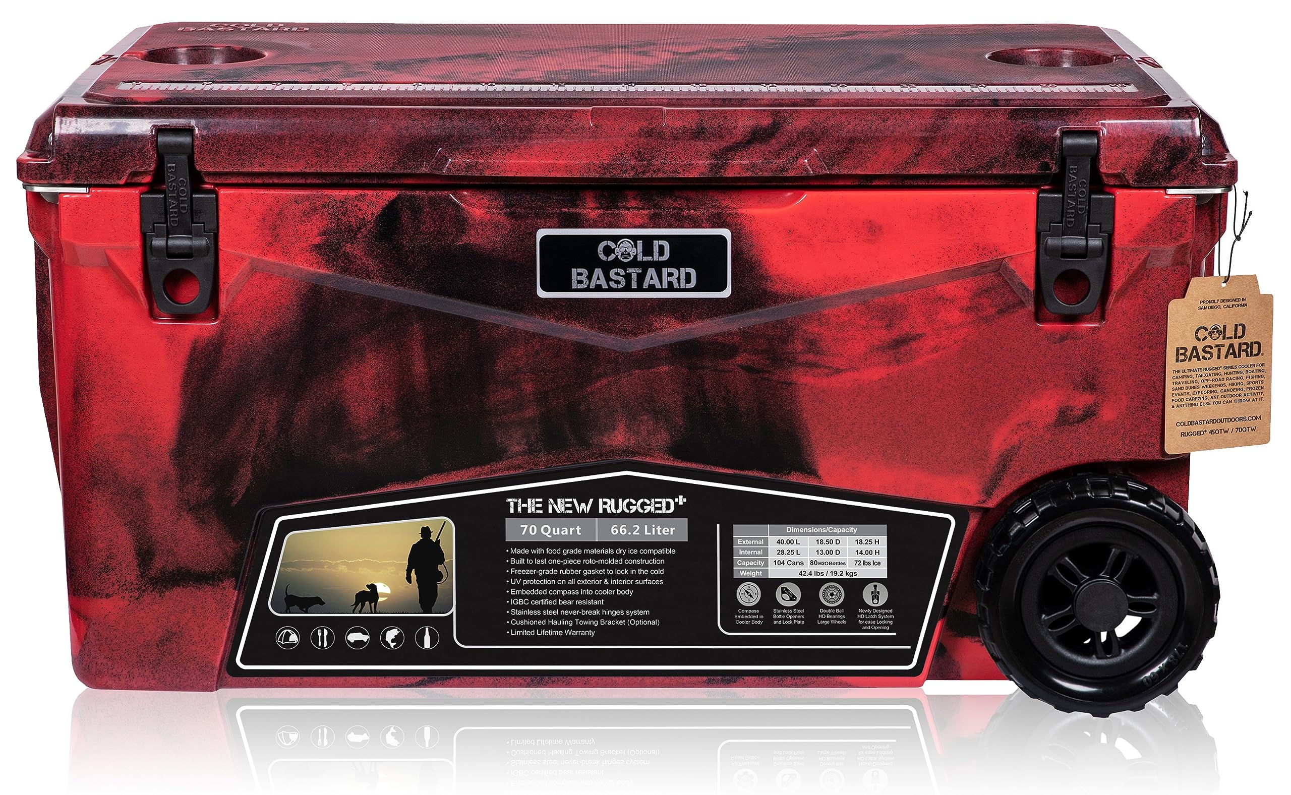 COLD BASTARD COOLERS 70QTW Rugged+ CAMO Red Large Wheels The Best Premium Ice Chest Cooler Accessories Free S&H (CB70W-CR)