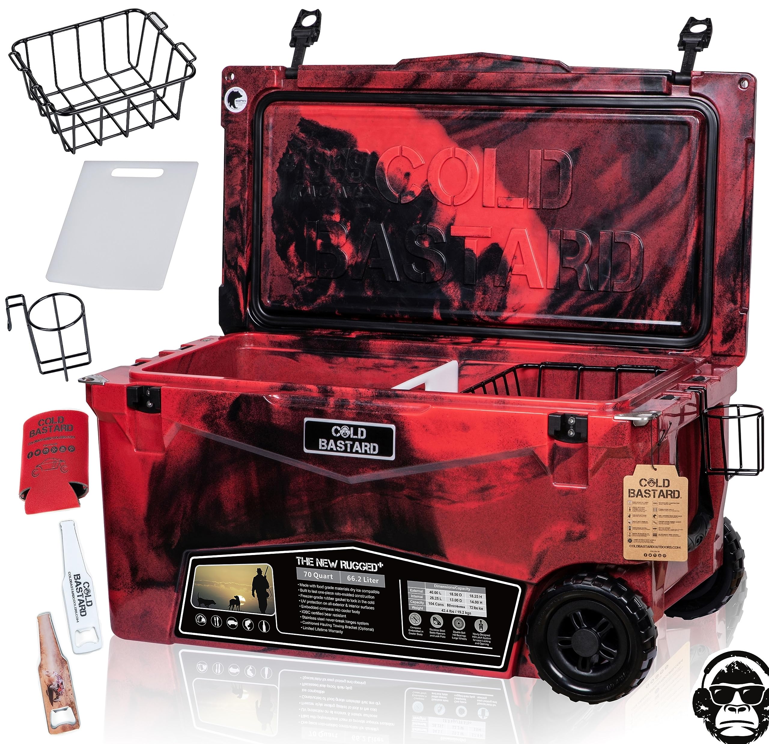 COLD BASTARD COOLERS 70QTW Rugged+ CAMO Red Large Wheels The Best Premium Ice Chest Cooler Accessories Free S&H (CB70W-CR)