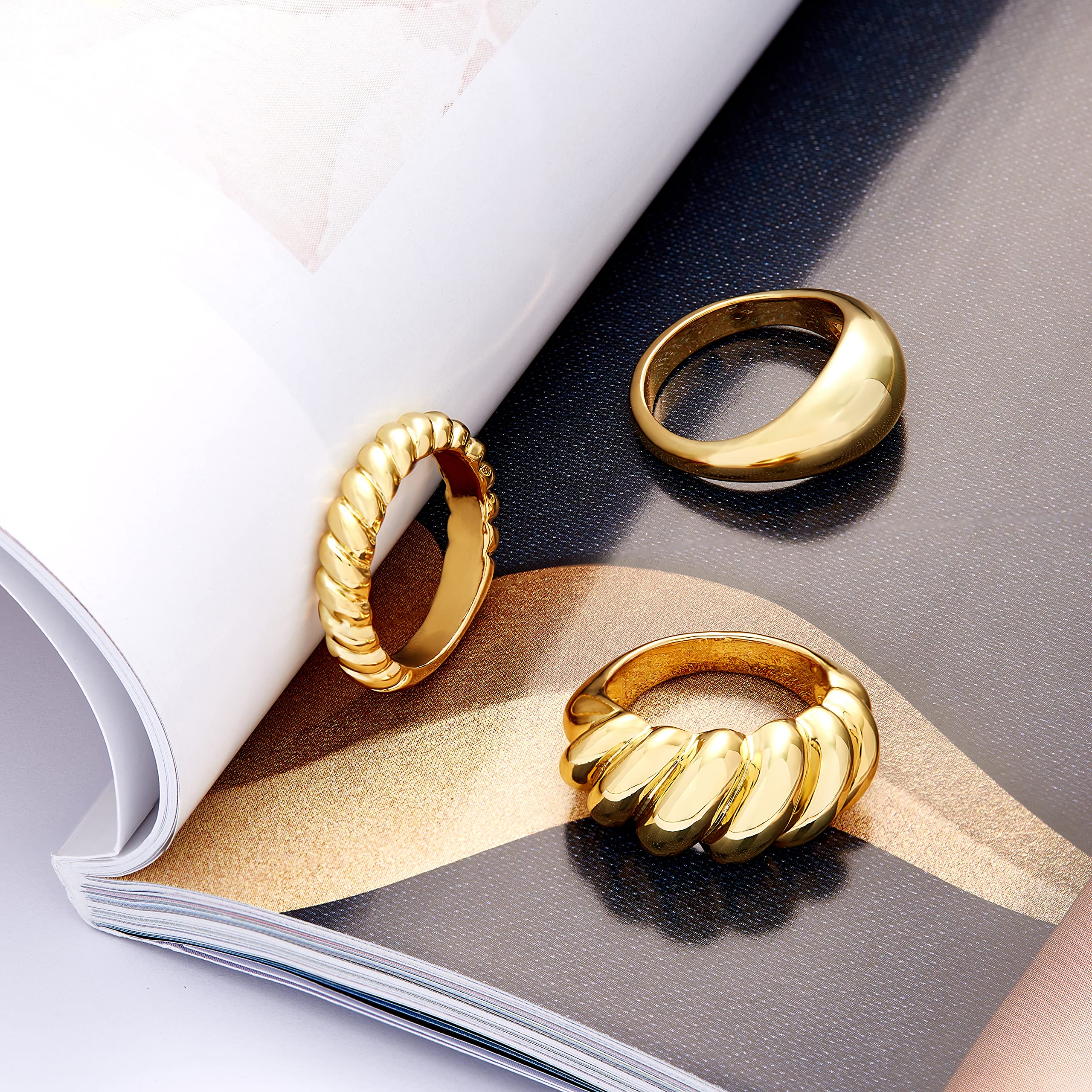 LANE WOODS Chunky Ring Set: 14k Gold Plated Croissant Braided Twisted Dome Ring Jewelry for Women Men(8" Gold)