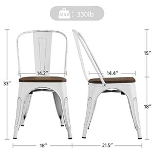 Yaheetech Set of 4 Metal Dining Chairs with Wood Seat Metal Side Chairs Kitchen Chairs with Back Bistro Café Trattoria Kitchen, Distressed White