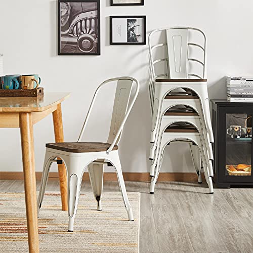 Yaheetech Set of 4 Metal Dining Chairs with Wood Seat Metal Side Chairs Kitchen Chairs with Back Bistro Café Trattoria Kitchen, Distressed White