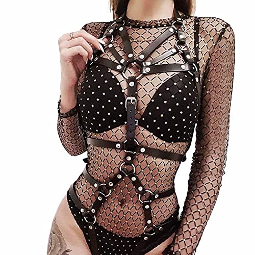 Zeelina Punk Leather Body Chain Black Harness Waist Belt Adjustable Hollow Cage Rave Nightclub Party Body Accessories for Women