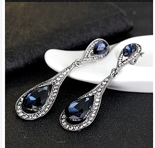 Extra Large Long Antique Vintage Retro Deco Gatsby Flapper Style Dark Navy Midnight Sapphire Blue Rhinestone Dangle Earrings