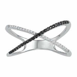 ritika created round cut black & white diamond in 925 sterling silver 14k white gold over diamond enhanced diamond crossover band ring for women's