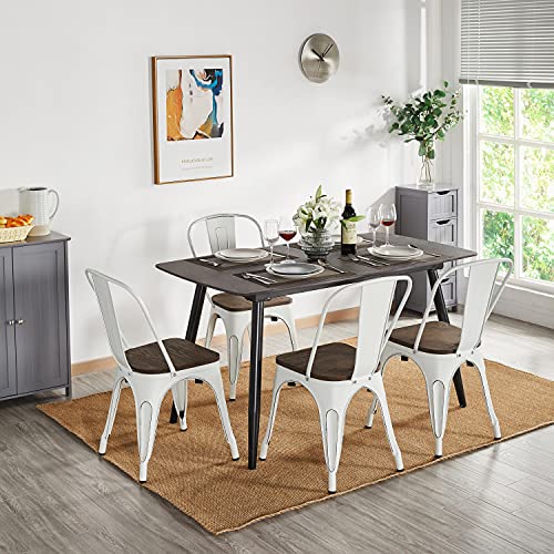 Yaheetech Set of 4 Metal Dining Chairs with Wood Seat Metal Side Chairs Kitchen Chairs with Back Bistro Café Trattoria Kitchen, Distressed White