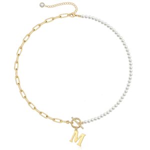 dainty initial pearl necklace for women, 14k gold plated paperclip link chain necklace toggle clasp necklace initial necklaces gold jewelry for women letter m